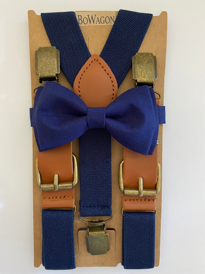 Kids Navy Blue Buckle Elastic Suspenders and Navy Bow Tie Set Groomsman ...