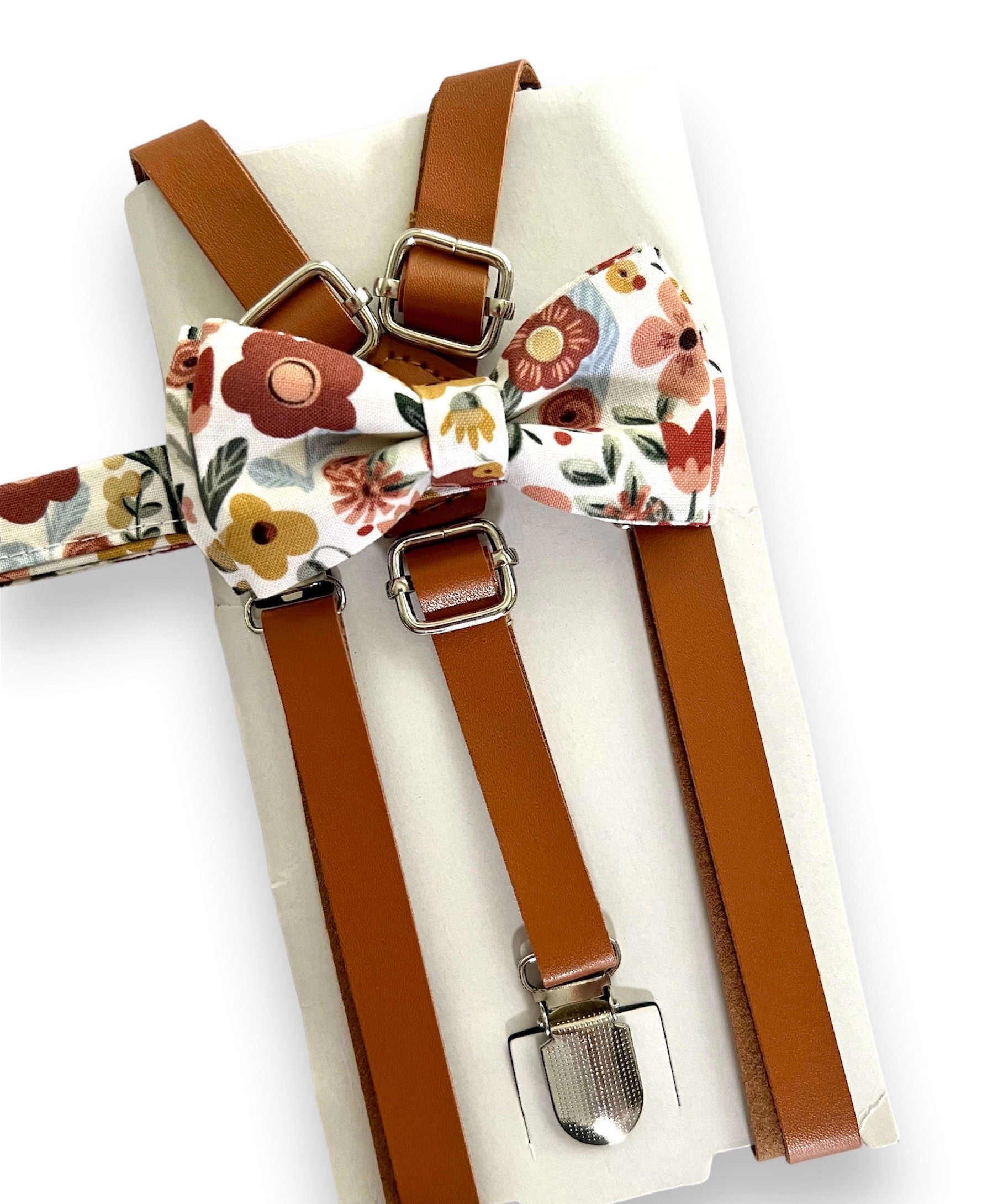 Floral Brown Flowers Bow Tie and Brown Leather Suspenders. Groomsmen ...