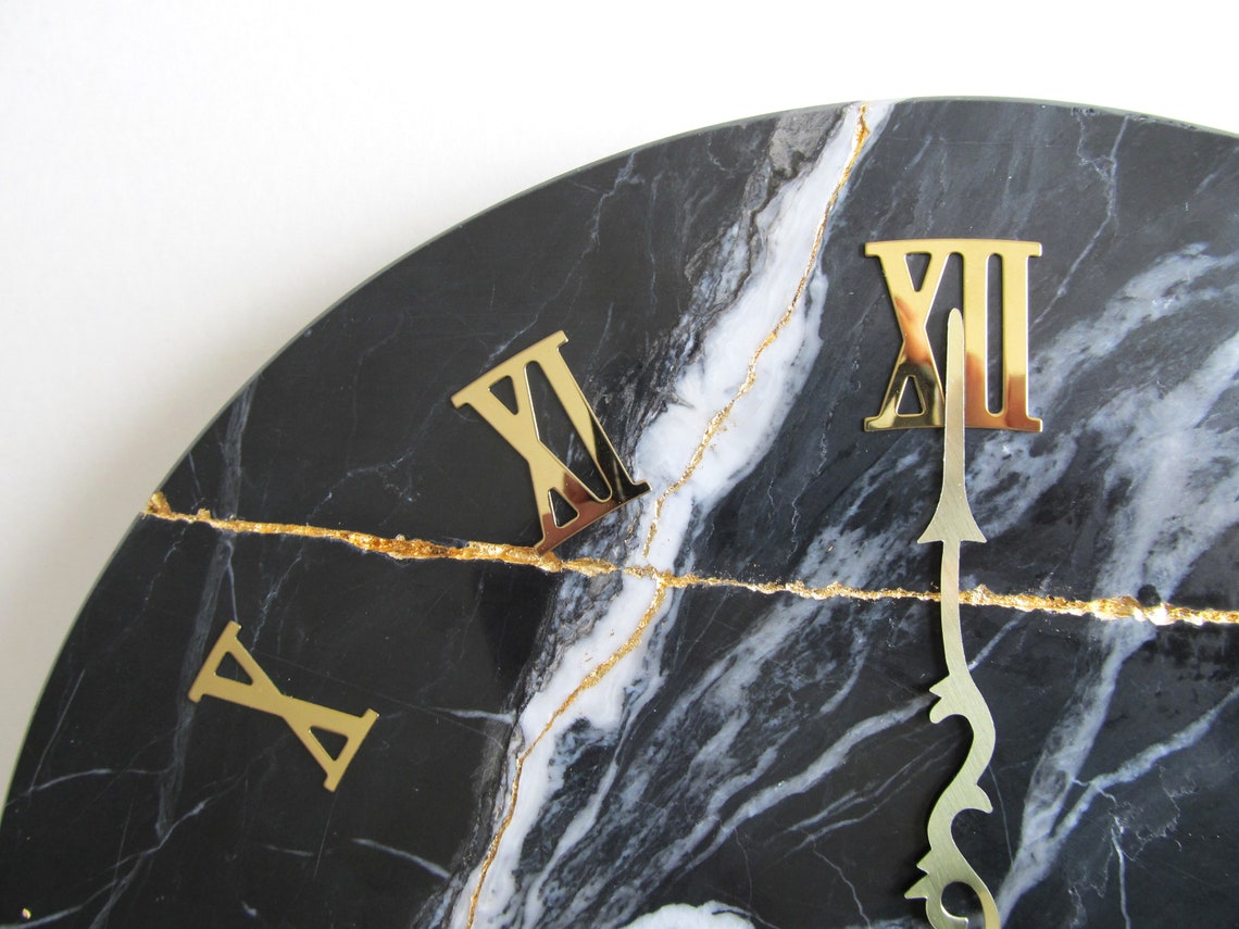 Kintsugi Marble Clock, Sable Black Marble Wall Clock, Natural Stone ...