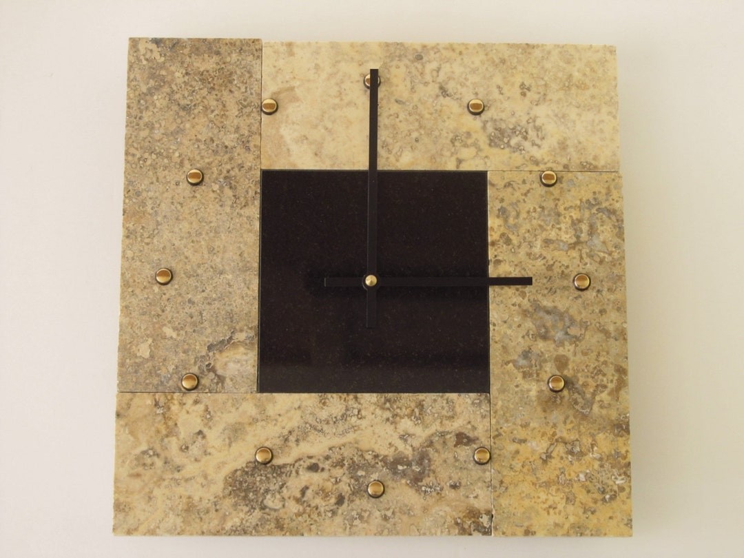 Handcrafted Granite Wall Clock, Scabos Travertine, Modern Mosaic Stone ...