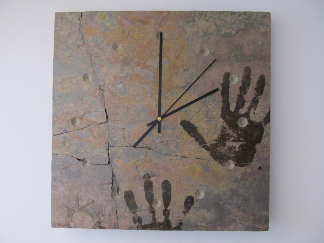 16" Slate Stone Wall Clock, Rustic Western Pictograph Natural Slate ...