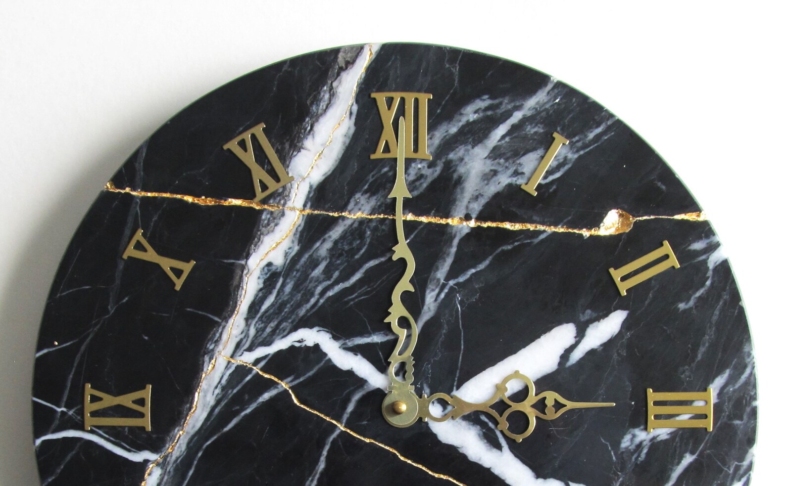 Kintsugi Marble Clock, Sable Black Marble Wall Clock, Natural Stone ...