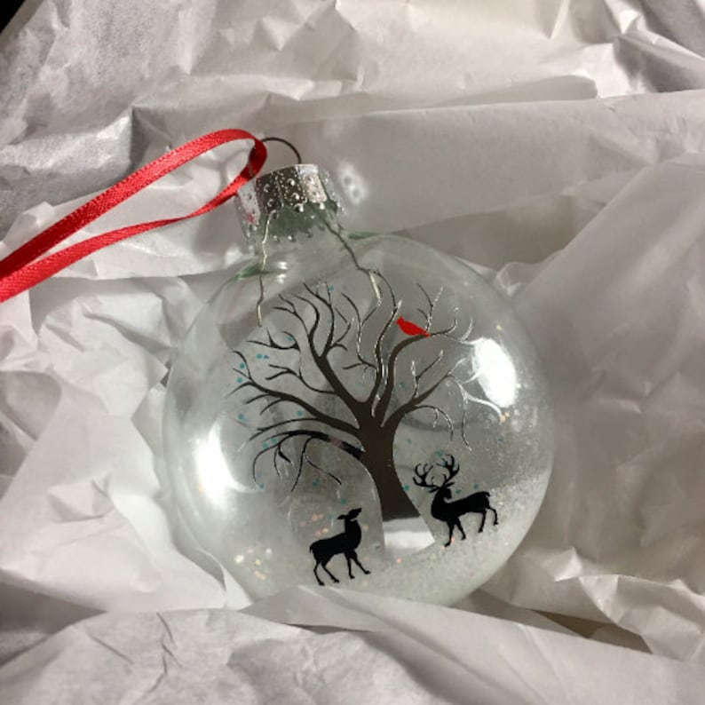 Personalized Cardinal Deer Winter Scene Ornament, Swirling Snow Glass ...