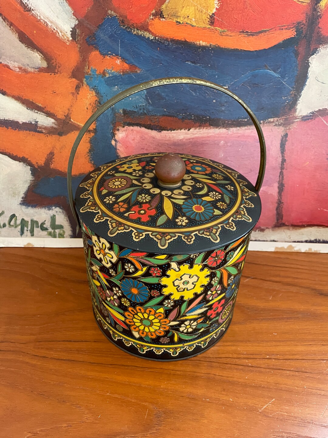 Vintage Colorful Floral Tin Container With Handle - Etsy
