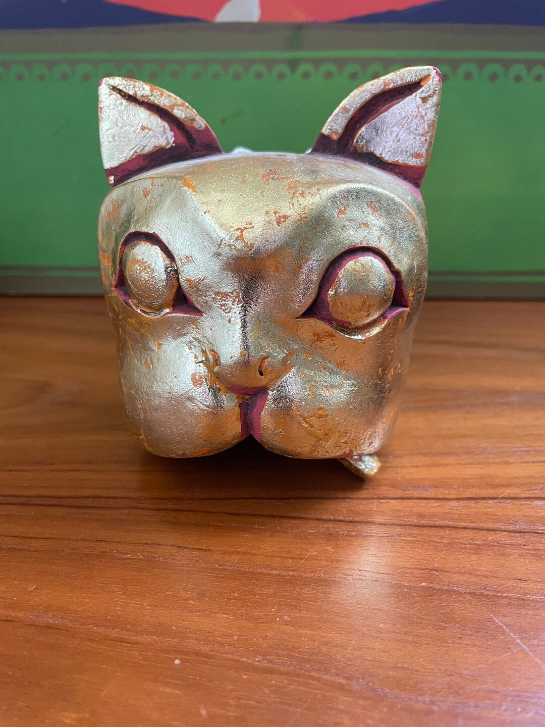 Vintage Golden Wood Cat Head Bell - Etsy