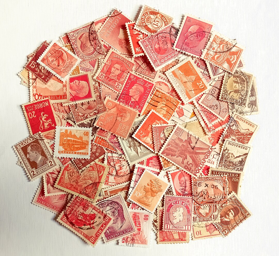 Red Postage Stamps, Set of 100, All Different, Some of Them Orange or ...