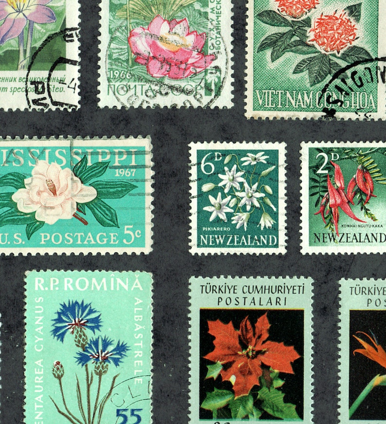 Flower Postage Stamps With Green Background. DIGITAL Vintage and Retro ...