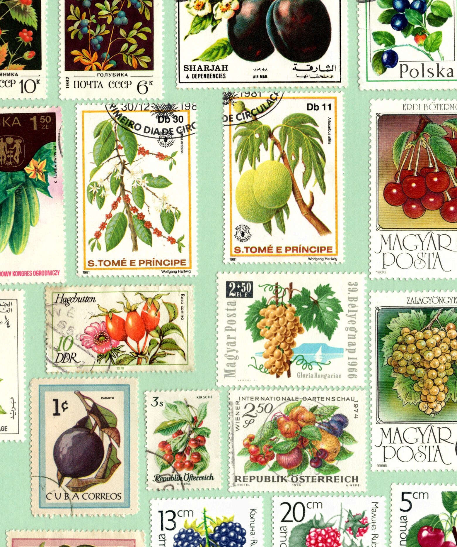 Plants and Fruits, DIGITAL Postage Stamps. Yellow Flowers. Botanical ...