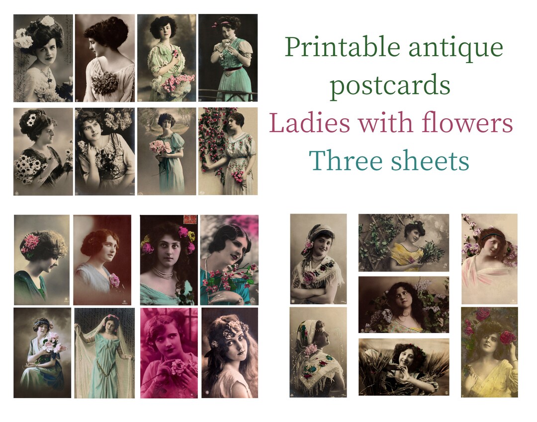 Young Ladies With Flowers. DIGITAL. Antique Postcards. Collage Sheets ...
