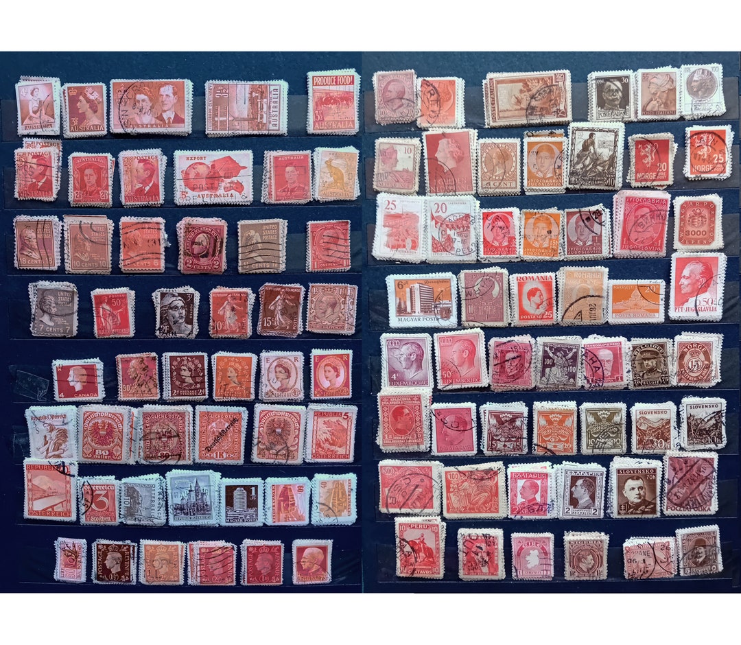 Red Postage Stamps, Set of 100, All Different, Some of Them Orange or ...