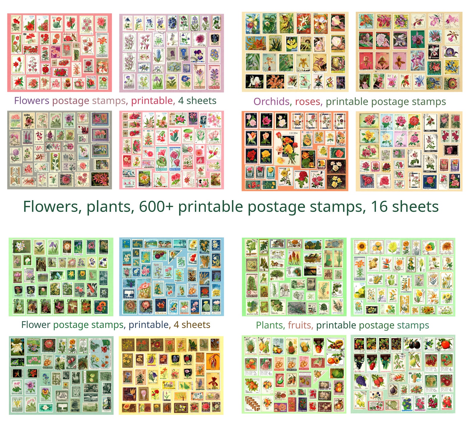 Botanical DIGITAL Postage Stamps. Huge Collection. Flowers, Plants, 12 ...