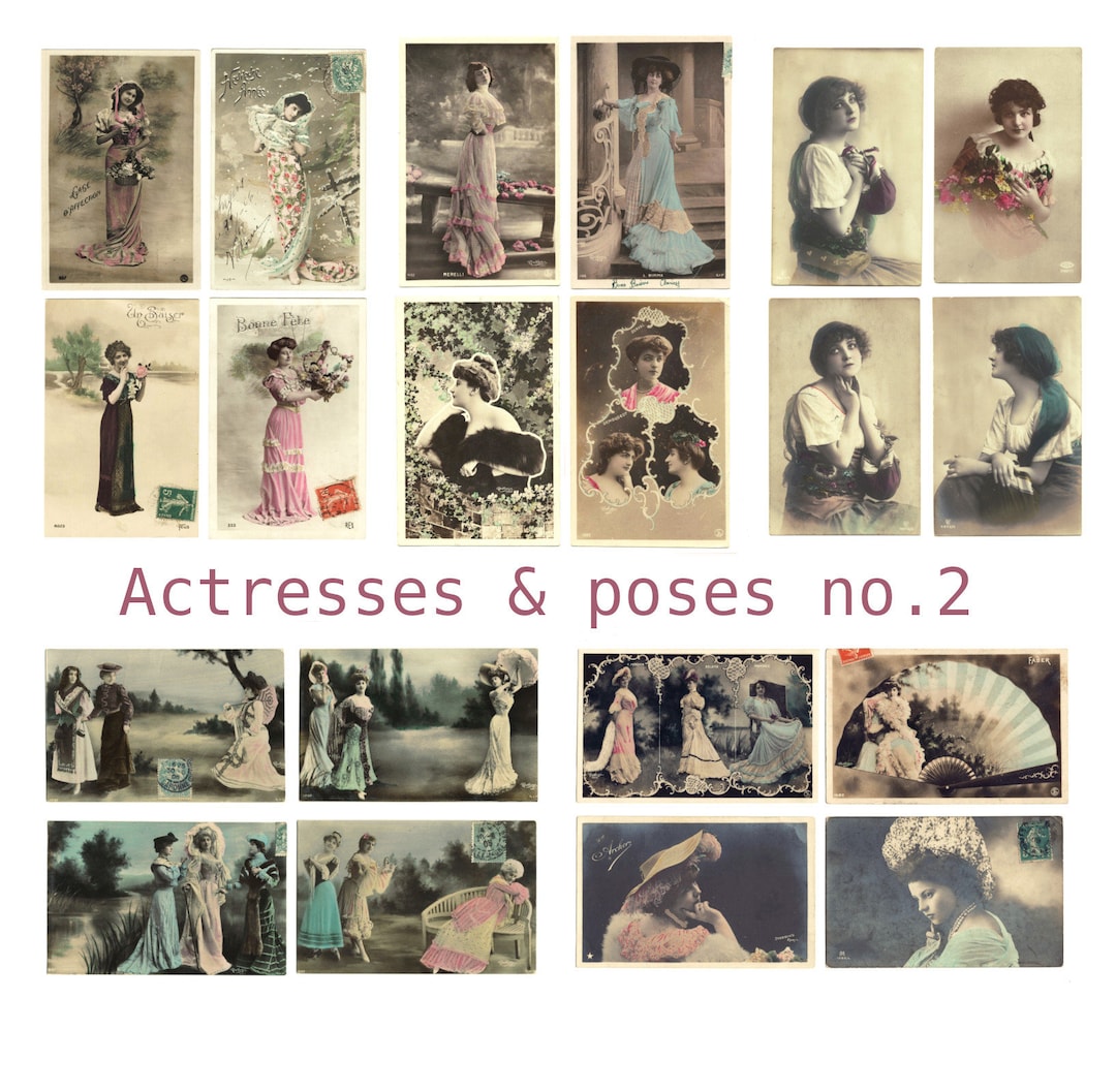 Actresses and Poses. 20 Antique DIGITAL Postcards (no.2), 5 Sheets, Ca ...