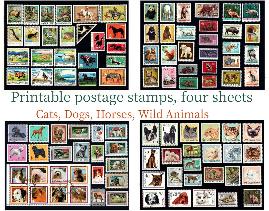 100 Animal Postage Stamps. DIGITAL. BLACK Background. Dogs, Cats ...