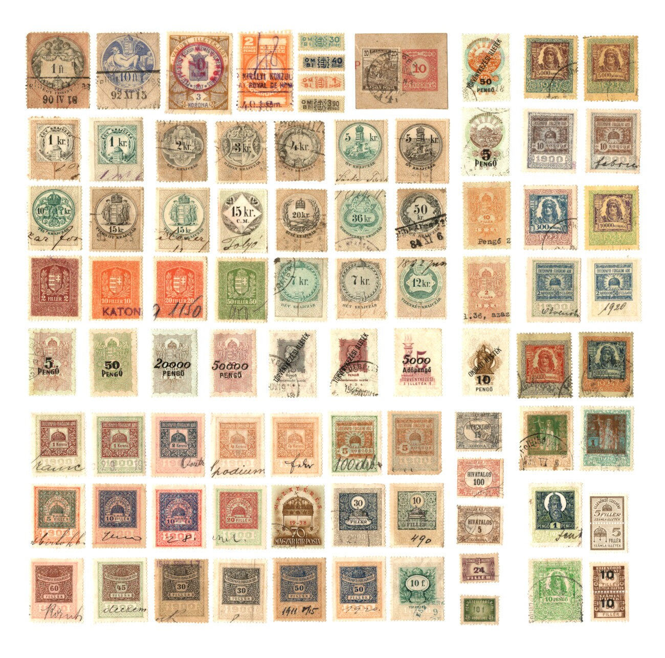 Antique Postage Stamps, 75 Different Pieces on 2 Sheets, Hungarian ...