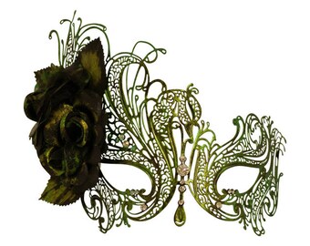 Peridot Green theme masquerade mask with peacock feathers