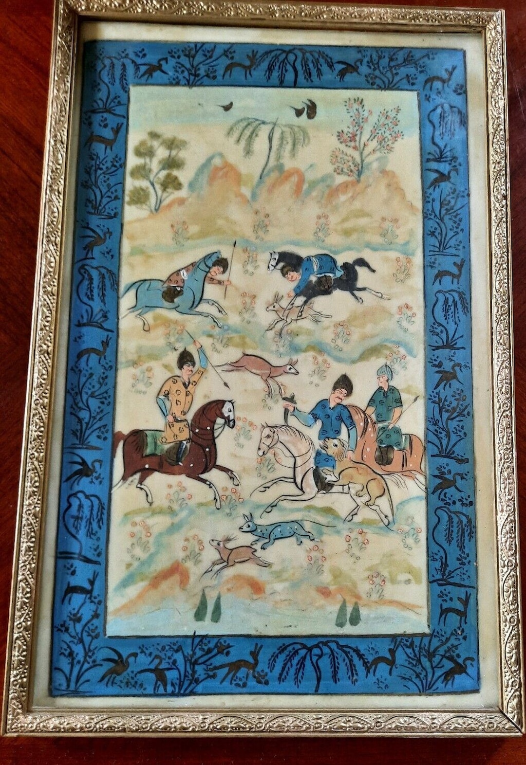 Antique Persian Original Oil on Tile Painting Hunting Scene on ...