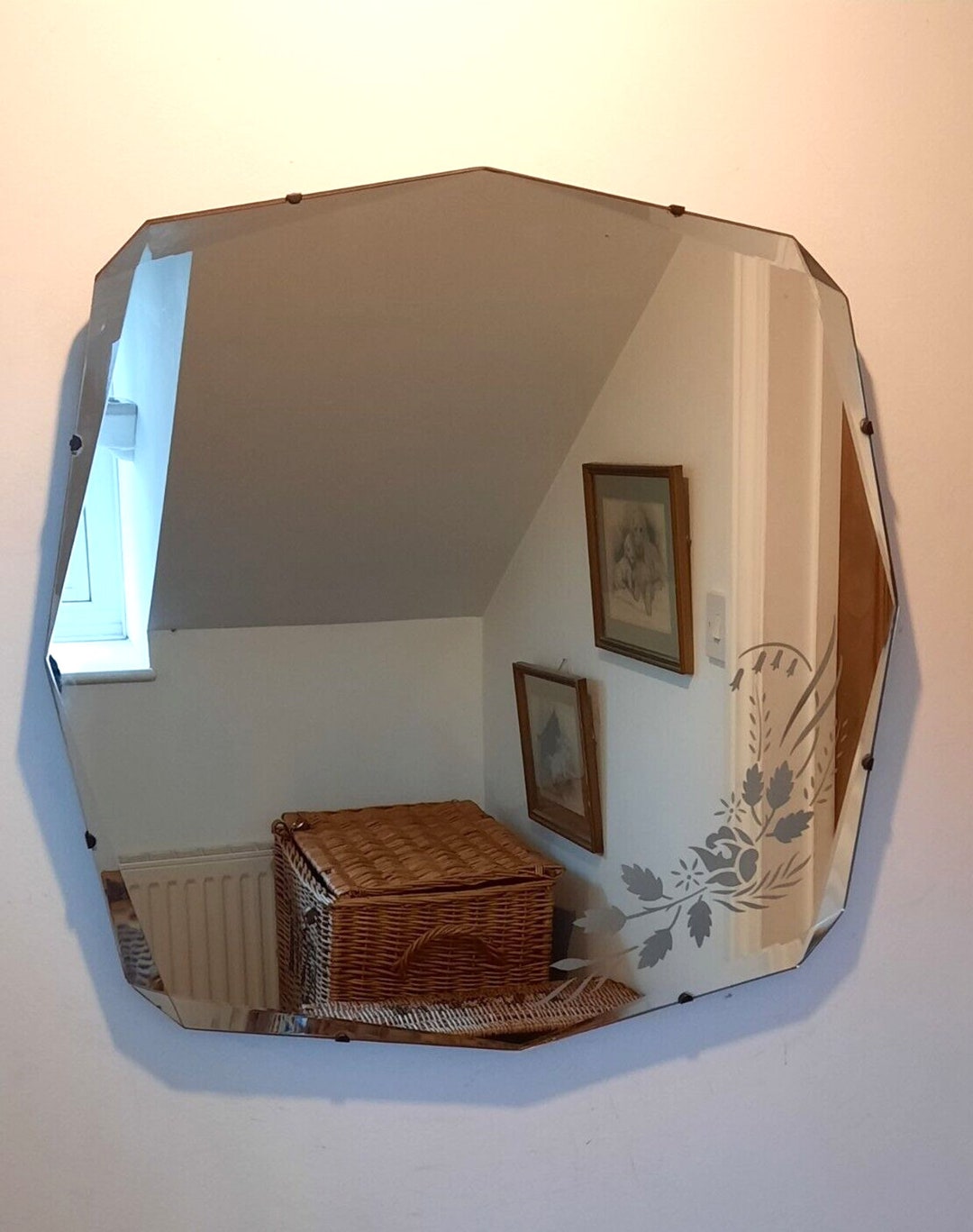 Vintage Frameless Etched Wall Mirror With Scalloped Edge. - Etsy