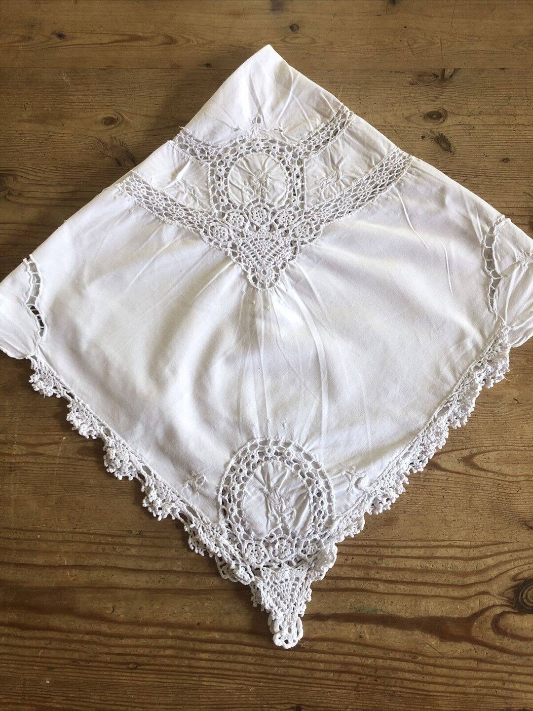 Vintage White Cut Work Square Linen Tablecloth With Crochet Edging 78cm ...
