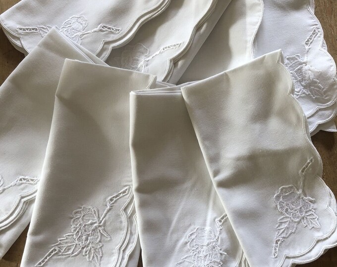 Vintage Square White Cotton Embroidered Cutwork Napkins Serviettes X 8 ...