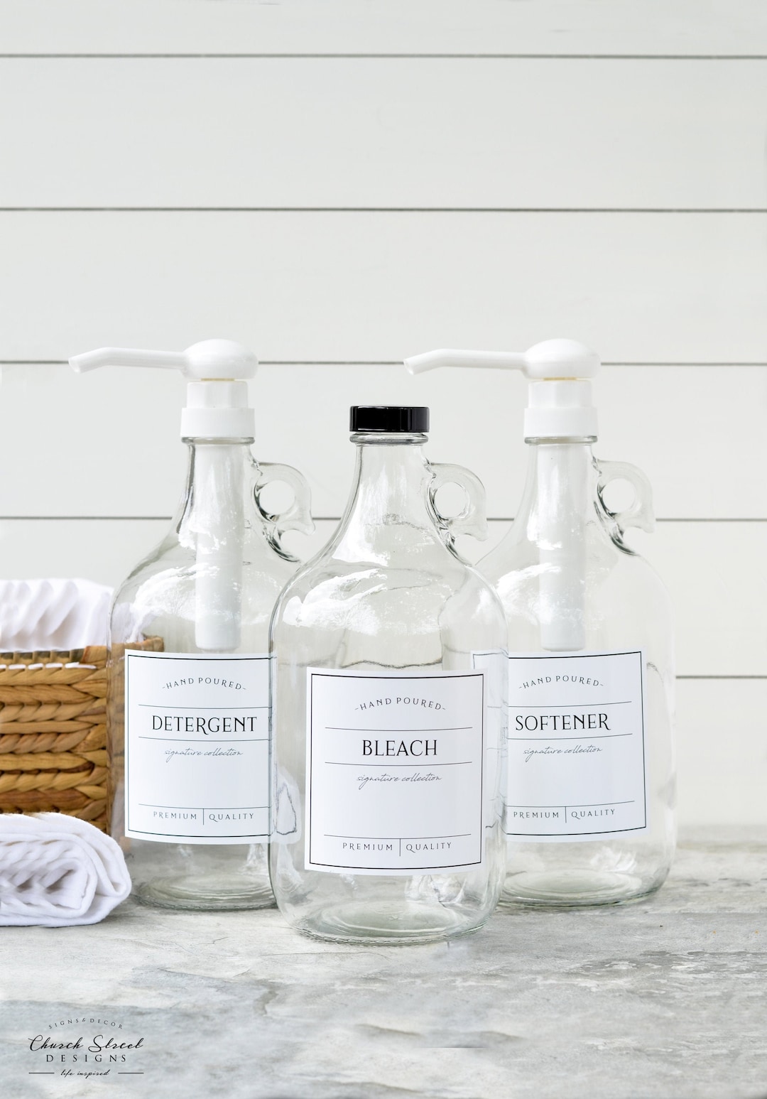 Set of 3, CLEAR 1/2 Gallon Laundry Jugs - Detergent, Softener + Bleach ...