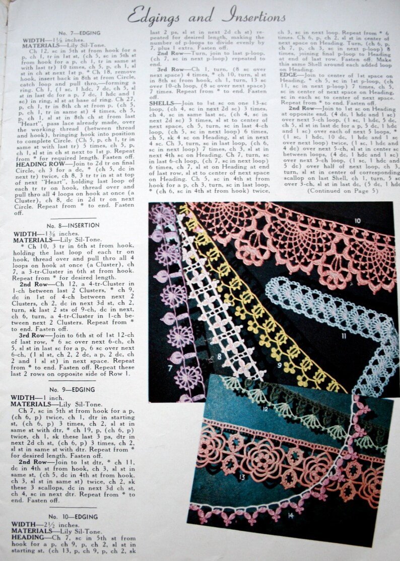 Crochet & Tatted Edgings Vintage Edging Pattern Book 700-E 1940s Lily ...