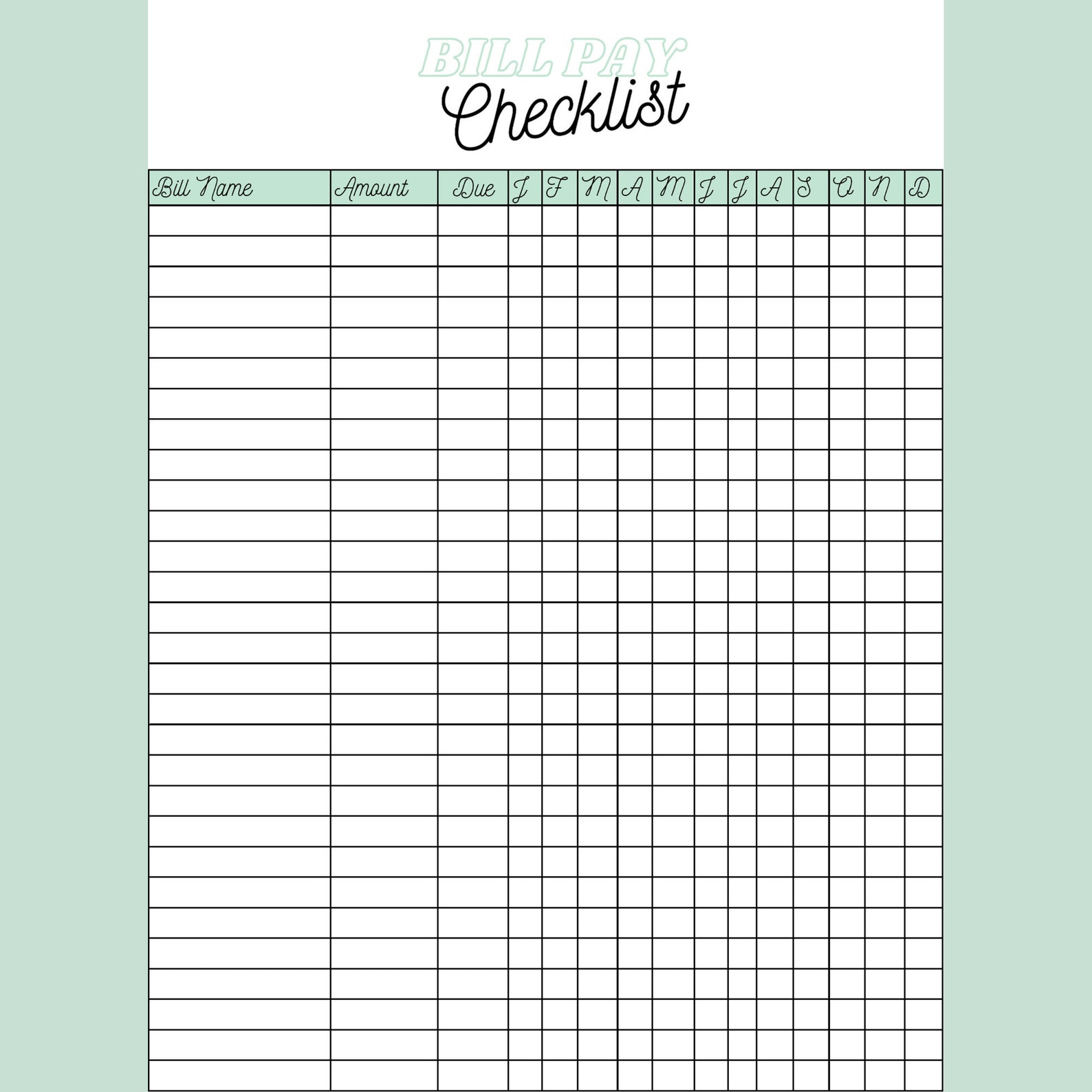 Bill Pay Checklist Mint & Bubbly, Pretty Stylish Finance Tracking ...