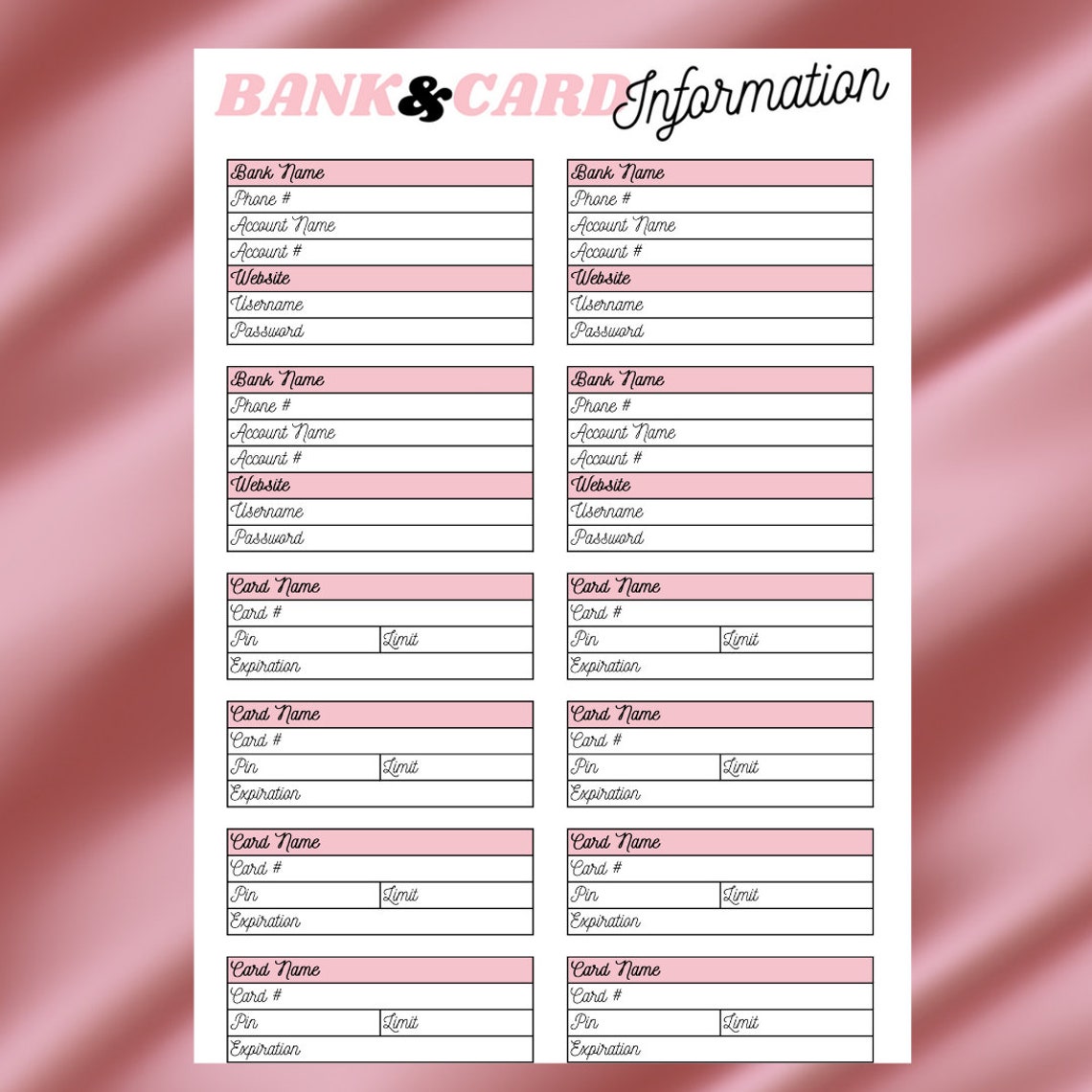 Bank + Card Information Rose & Bubbly, Pretty Stylish Finance Tracking ...