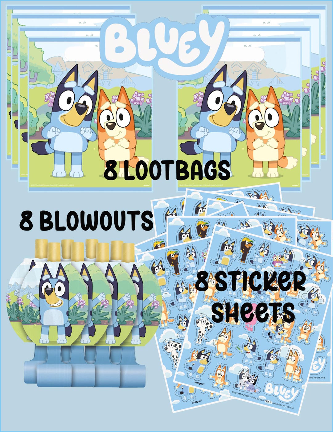 Unique Bluey Party Favor Pack for 8, Party Blowouts, Sticker Sheets ...