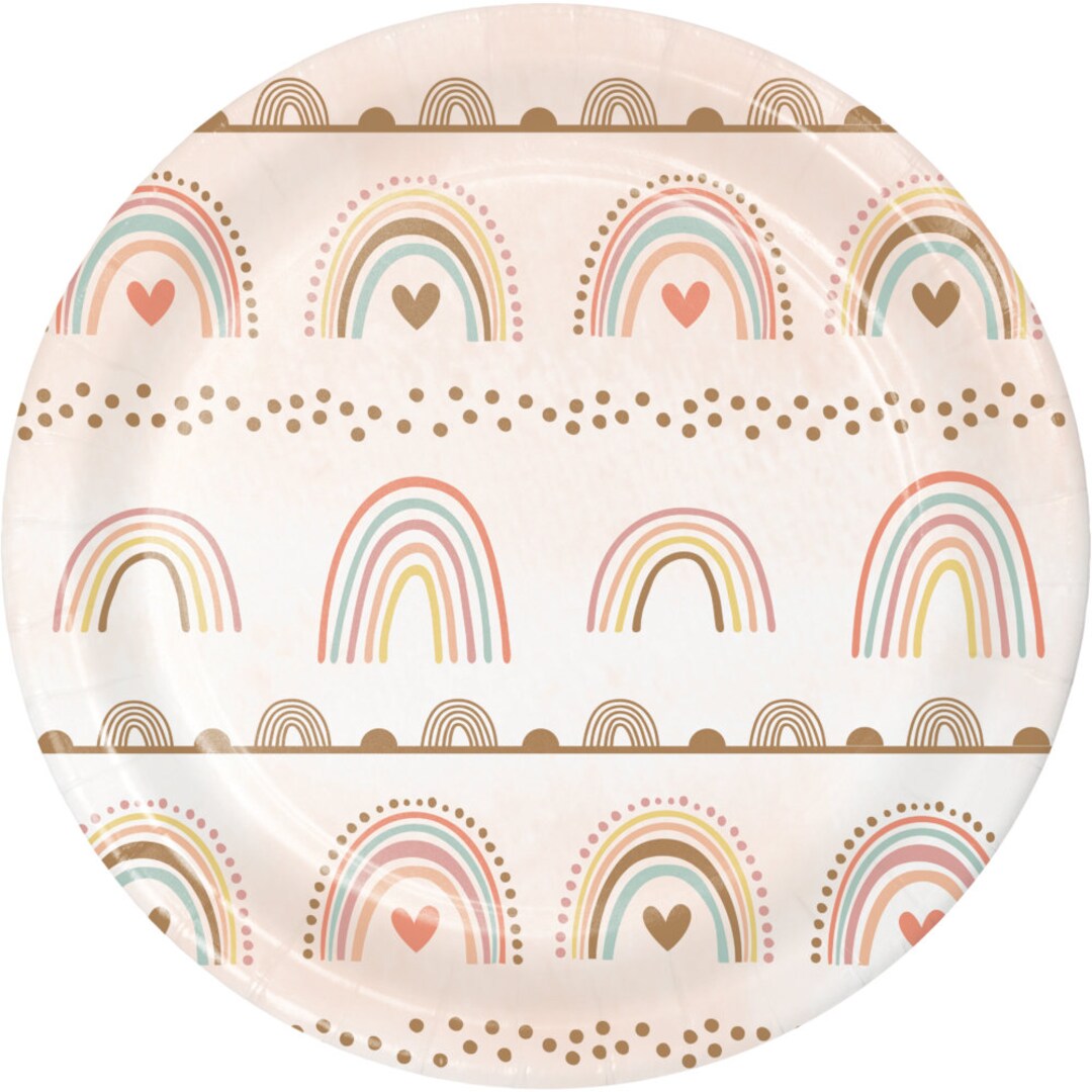 Boho Rainbow 7" Paper Plates, Hearts and Rainbow Plates, Rainbow Party ...