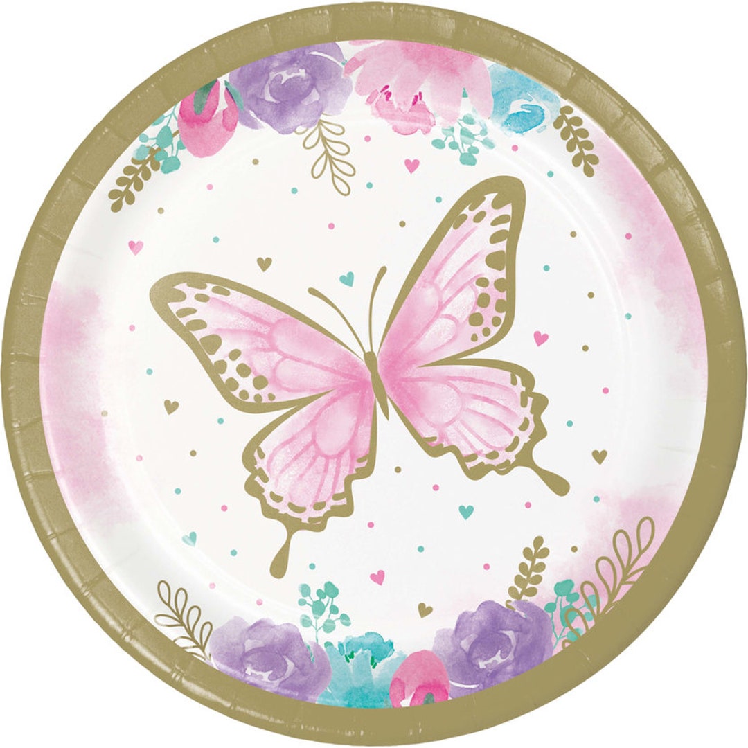 7" Buttefly Paper Party Plates, Butterfly Shimmer, Pink and Purple ...