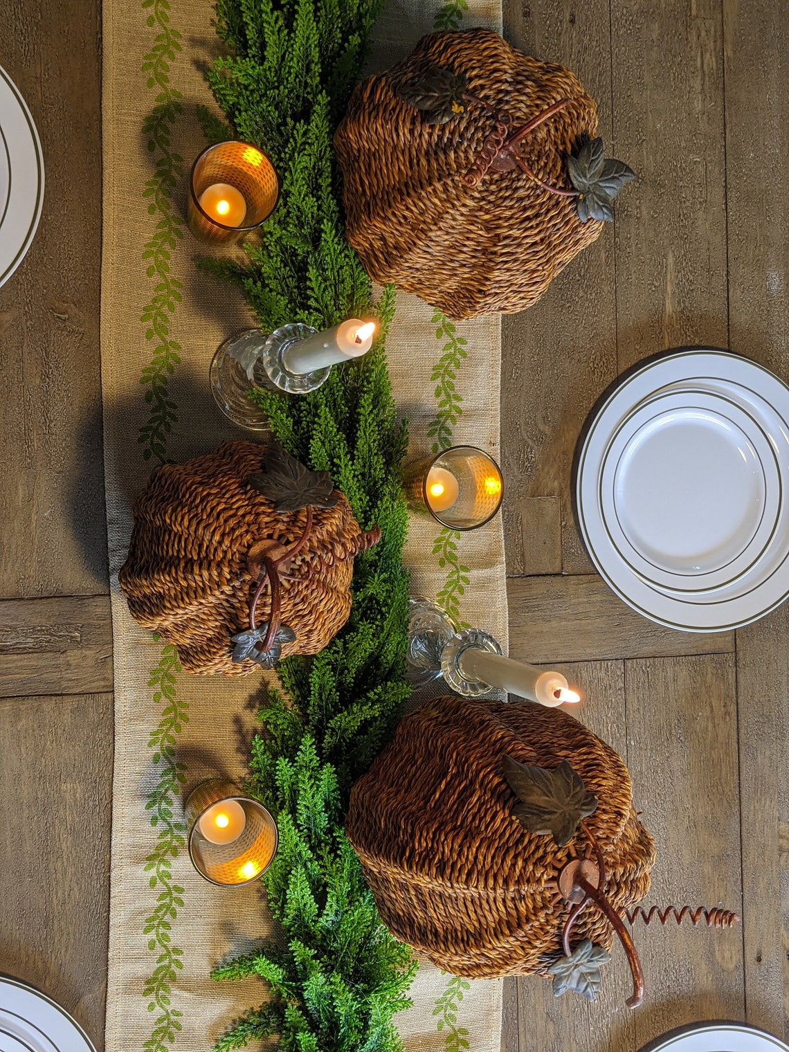 Jute cotton table runner with printed green ivy leaves | Etsy