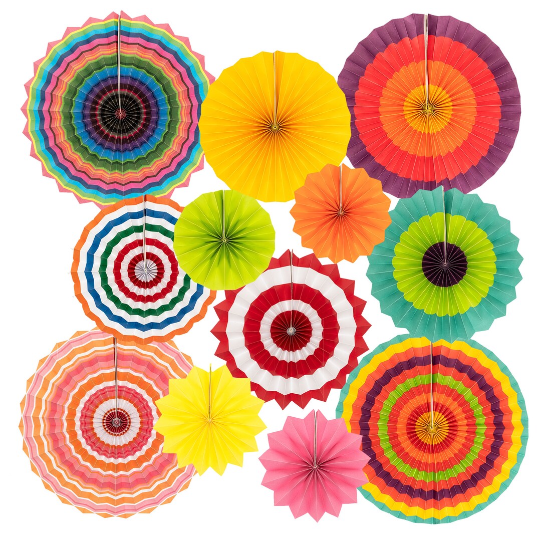 Set of 12 Mexican Fiesta Party Paper Fan Kit, Cinco De Mayo, Rainbow ...