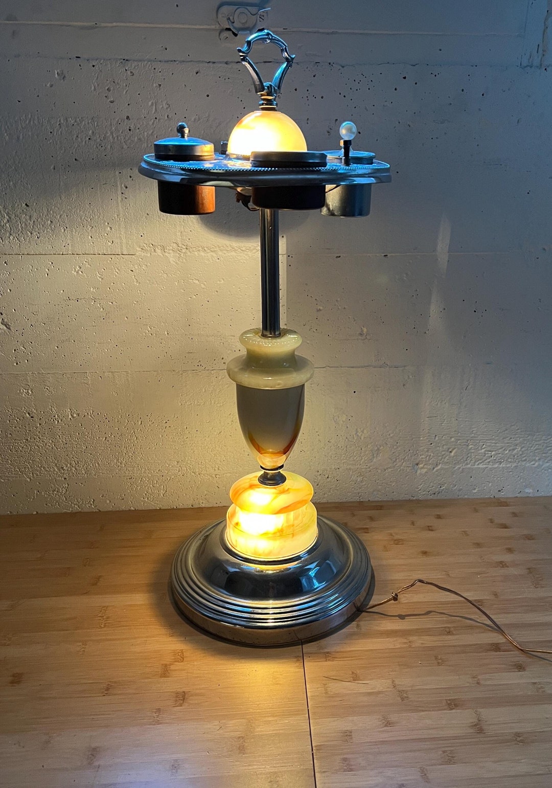 Vintage Lighted Smoking Stand, Slag Agate Glass, 3-way Lighting, Abco ...