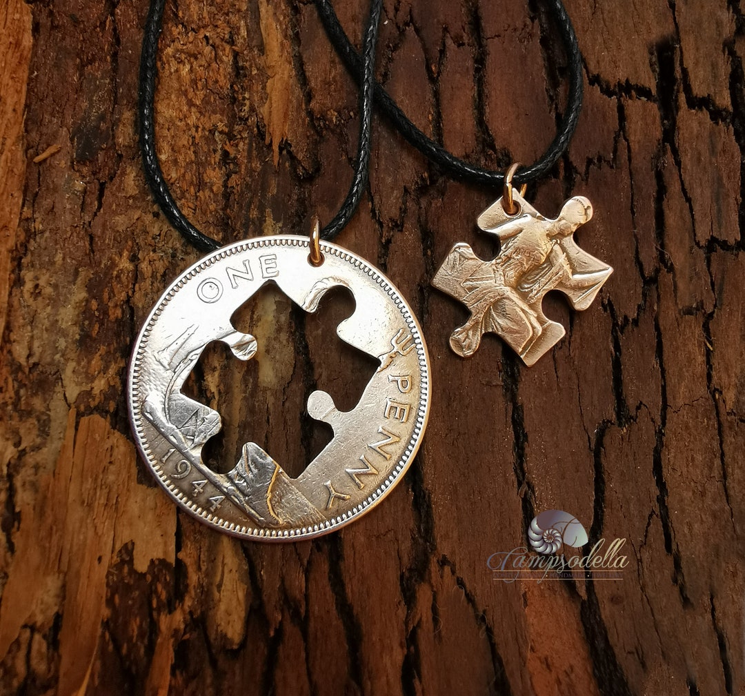 Handcut Penny Jigsaw Pendants: Bronze Anniversary Necklace Set - Etsy UK