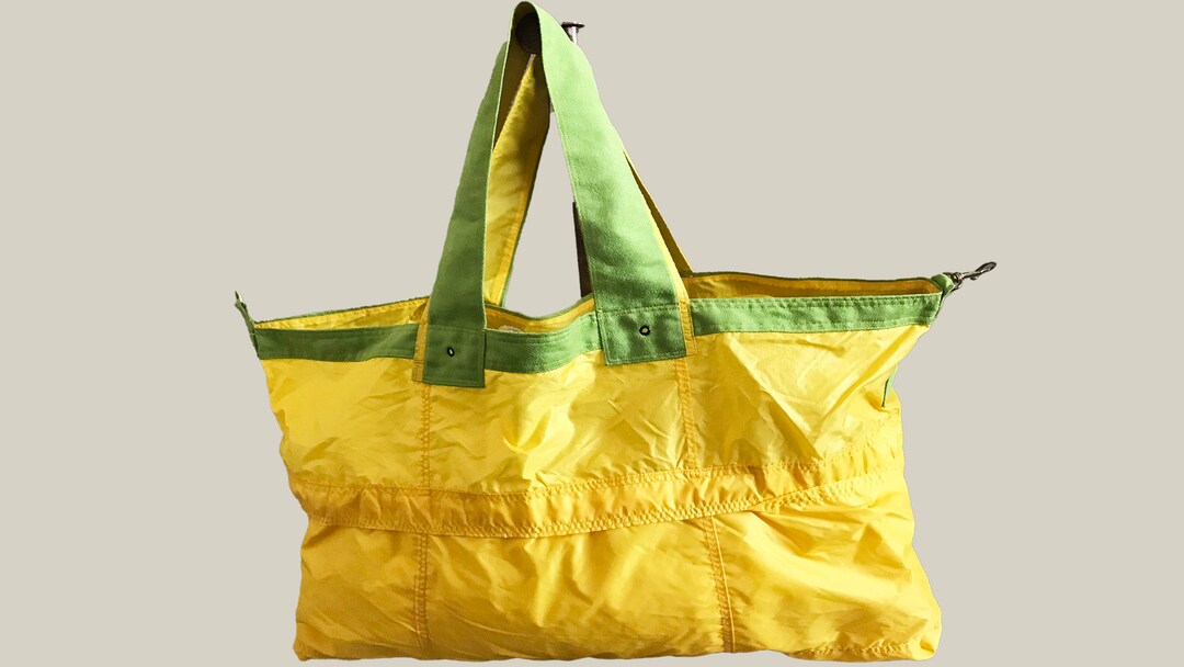 Travel Tote, Yellow and Green Rip Stop Fabric, Tote Bag With Pockets ...