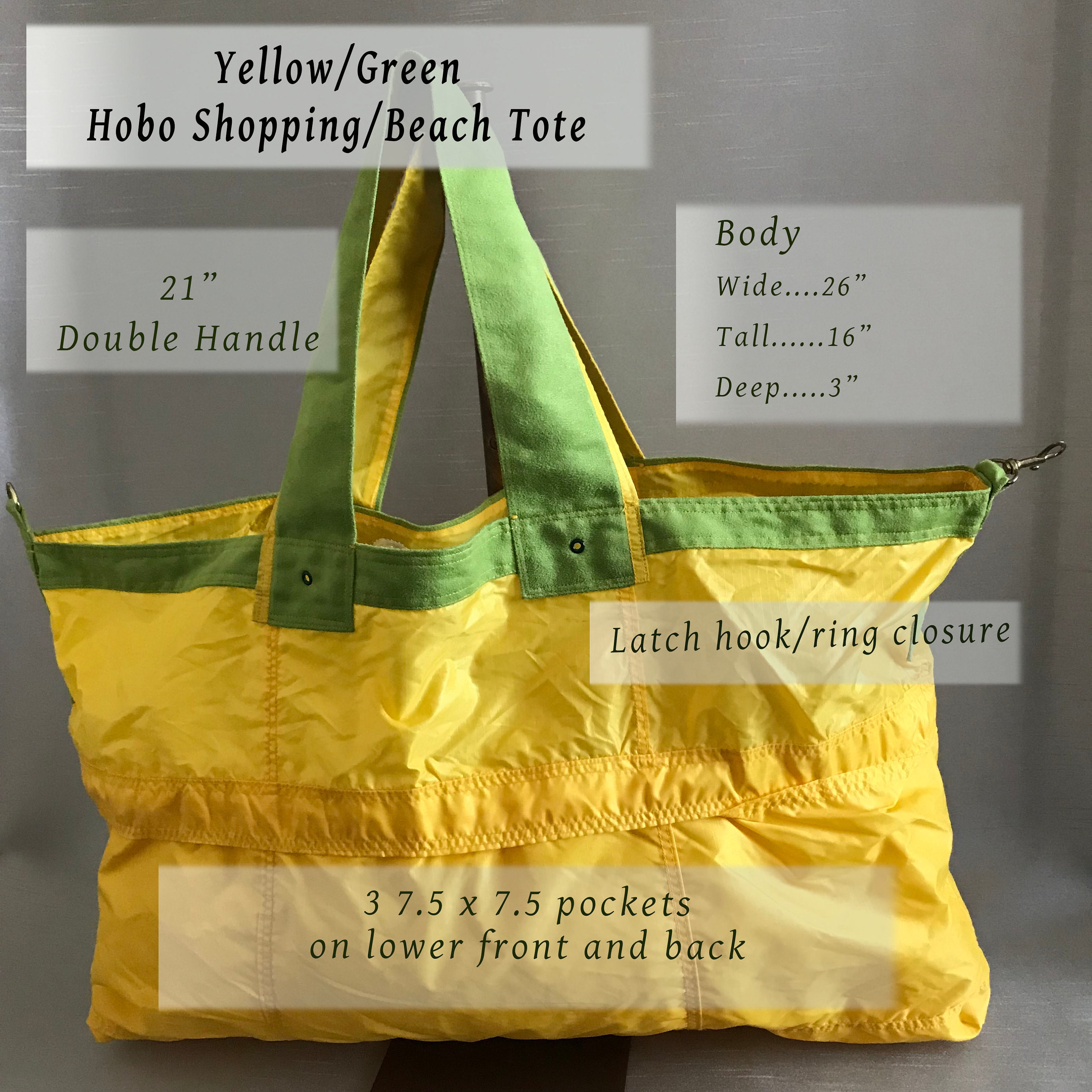 Travel Tote, Yellow and Green Rip Stop Fabric, Tote Bag With Pockets ...