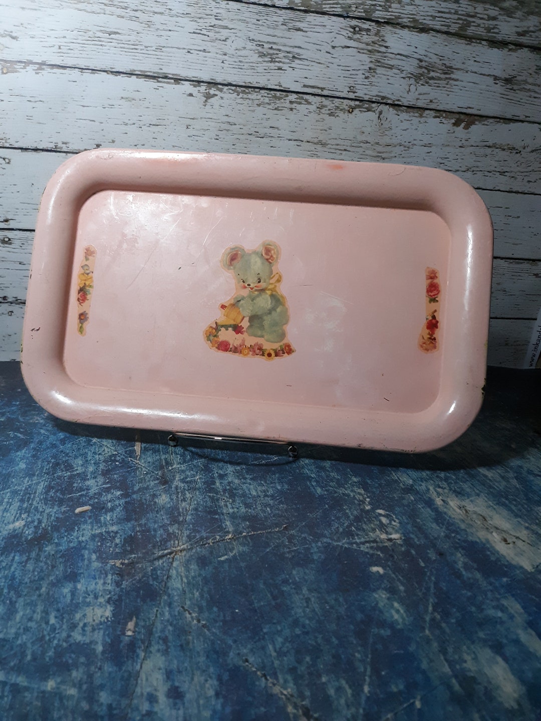 Pink Metal Tray With Nursery Decals-mid Century Pink-vintage Serving ...