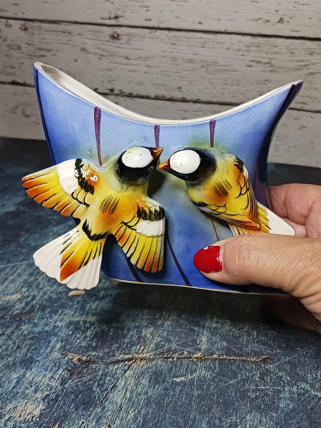 Relco Wall Pocket-pair of Yellow Birds on Blue Planter-vintage Home ...