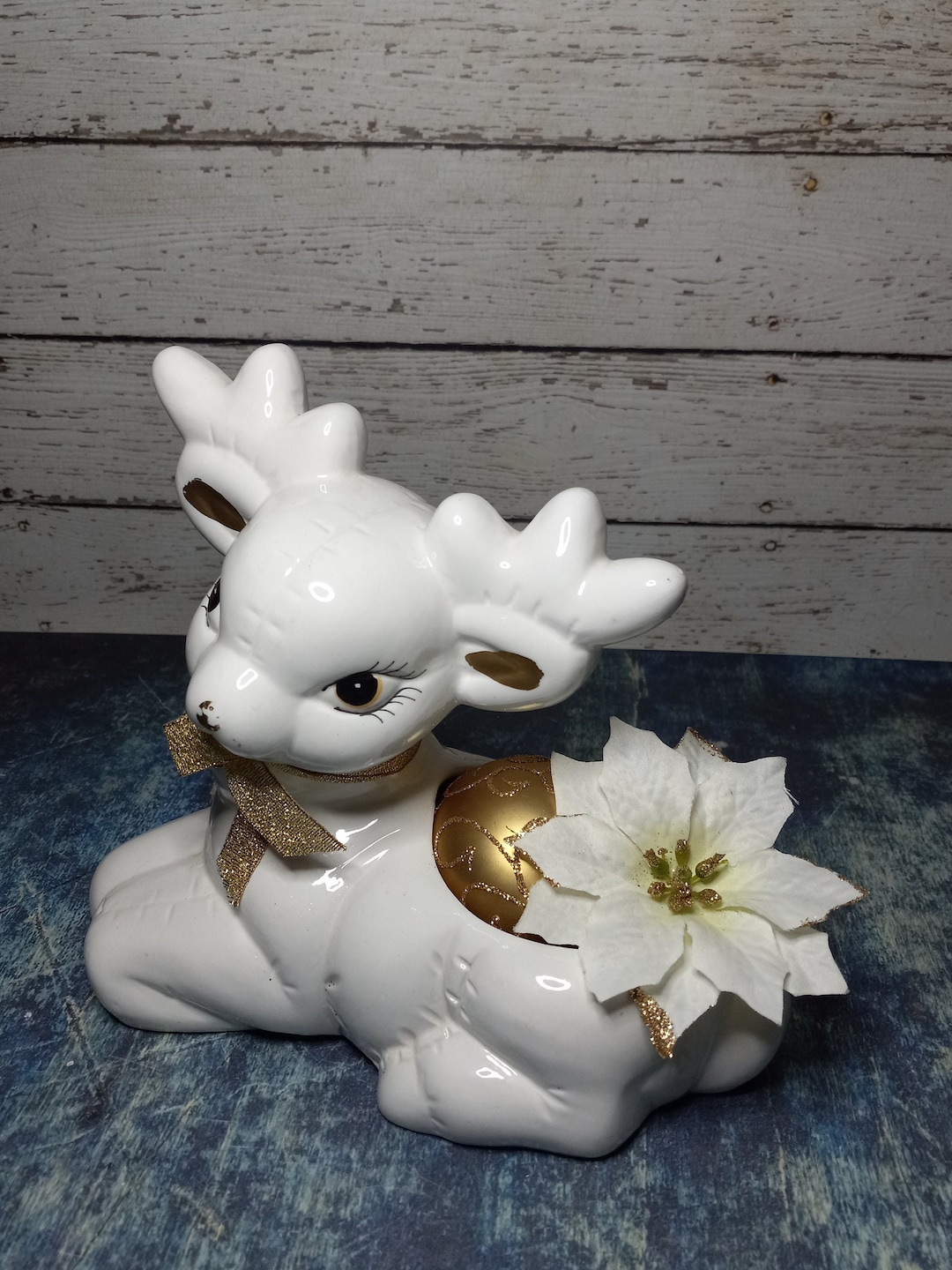 Mid Century Ceramic Reindeer Planter-white With Gold Accents-big Eyes ...