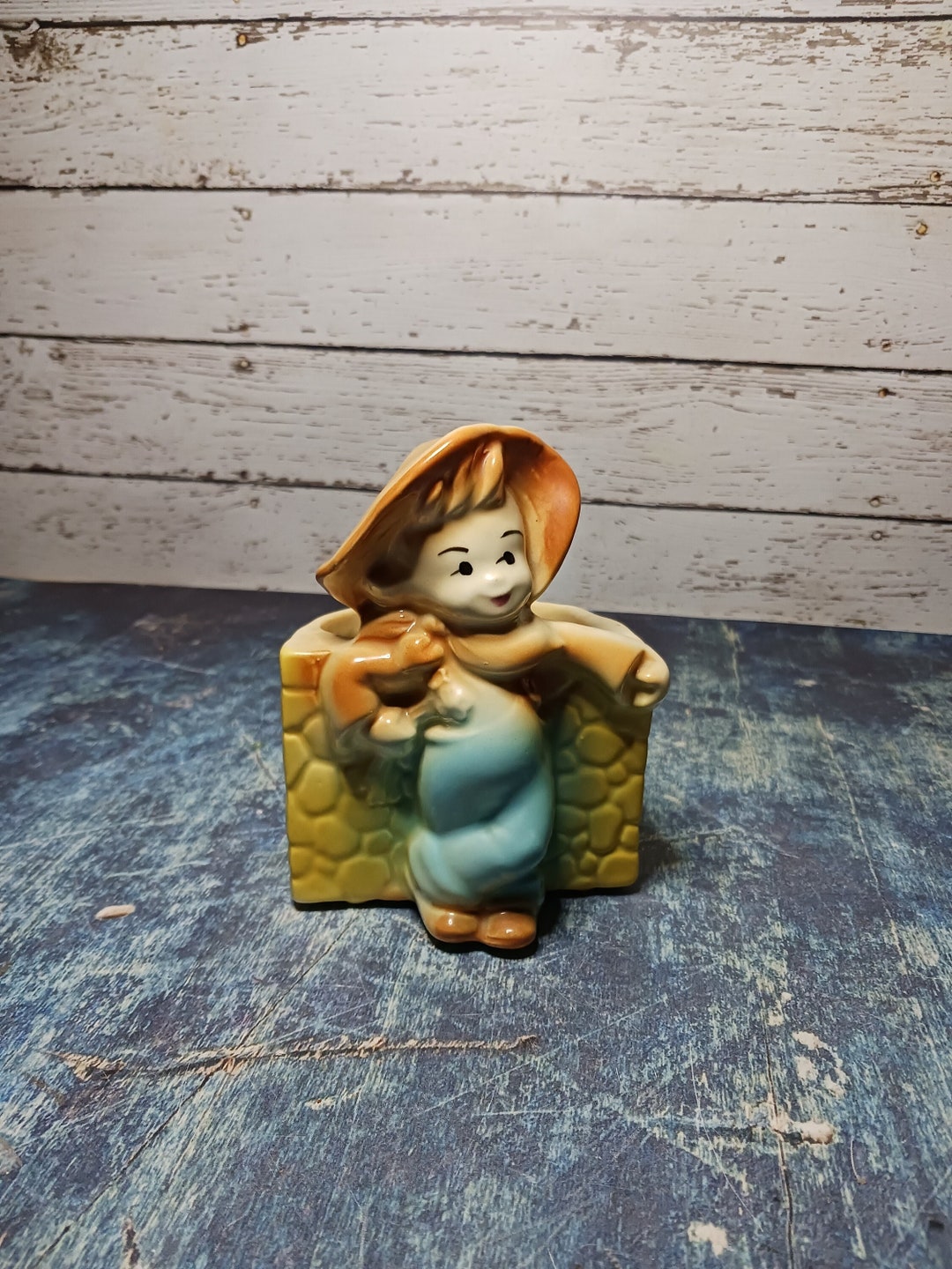 Vintage Pottery Planter-little Boy-blue Overalls-boy and Well Planter ...