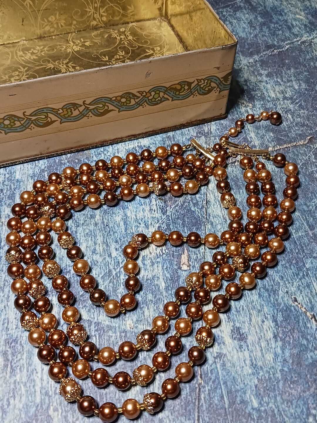 Vintage 4 String Bead Necklace-marked Japan-bronze Colored Mid Century ...