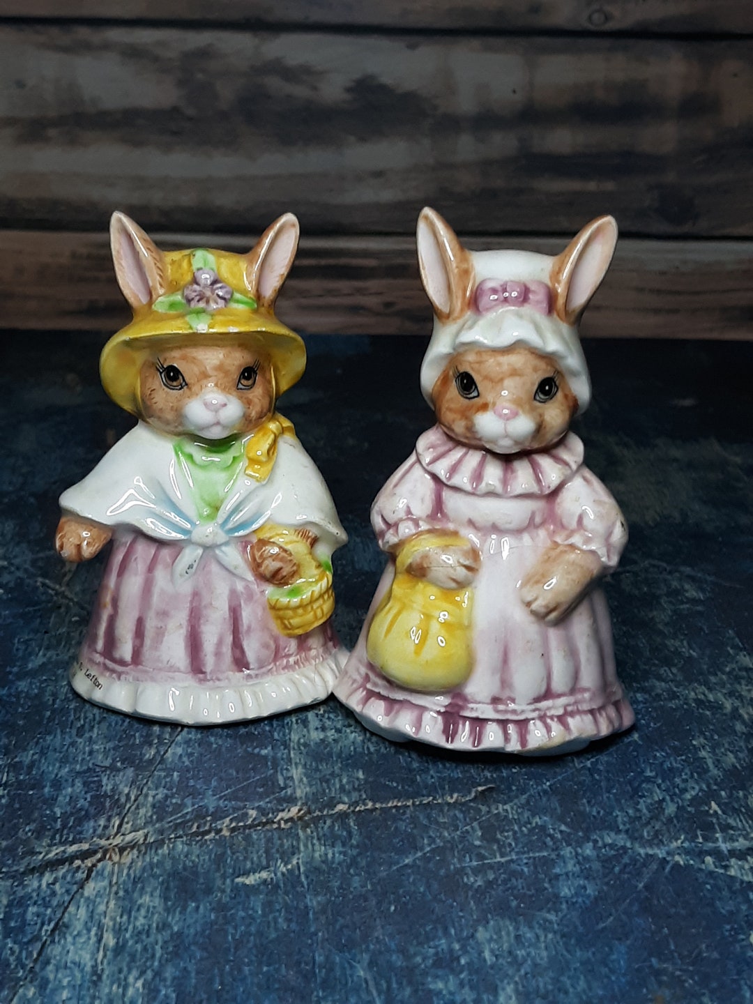 Vintage Lefton Bunny Figurine Pair-2 Sweet Rabbit Ladies in Bonnets-geo ...