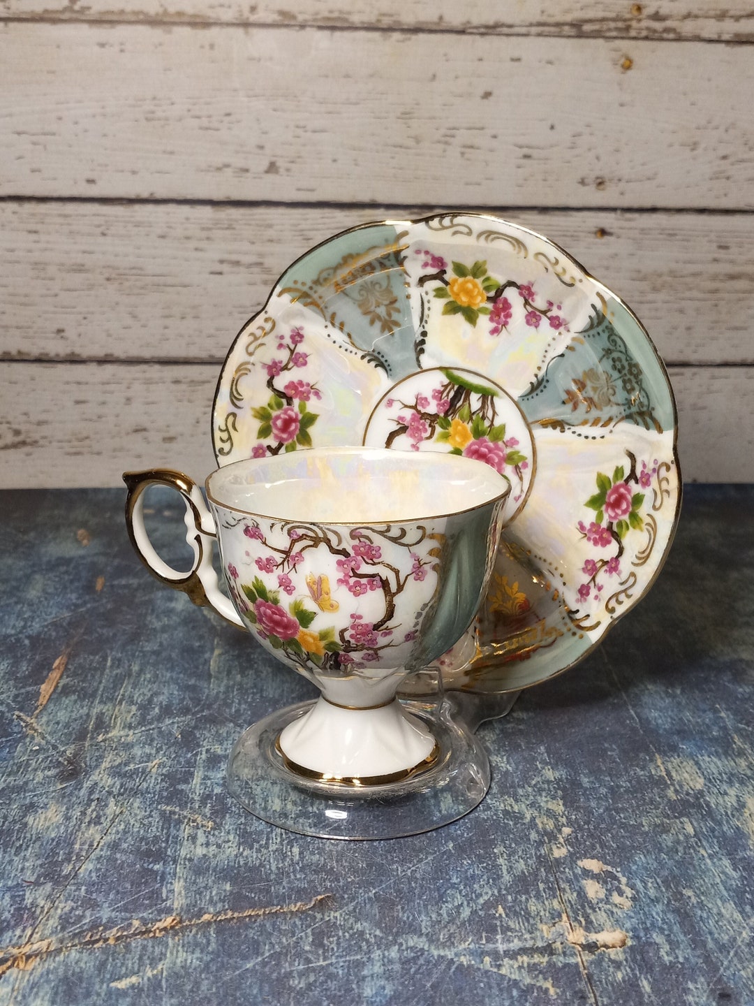 Royal Halsey Teacup and Saucer Set-blue and White Lustreware With ...