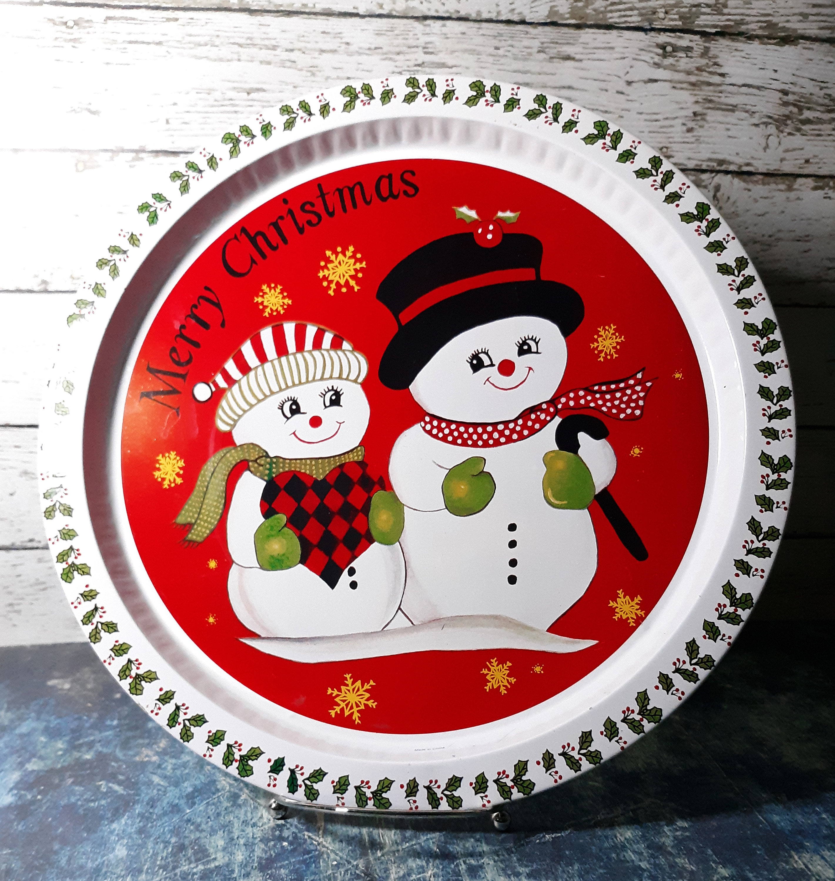 Vintage Round Metal Merry Christmas Serving Tray With Mr and Mrs ...