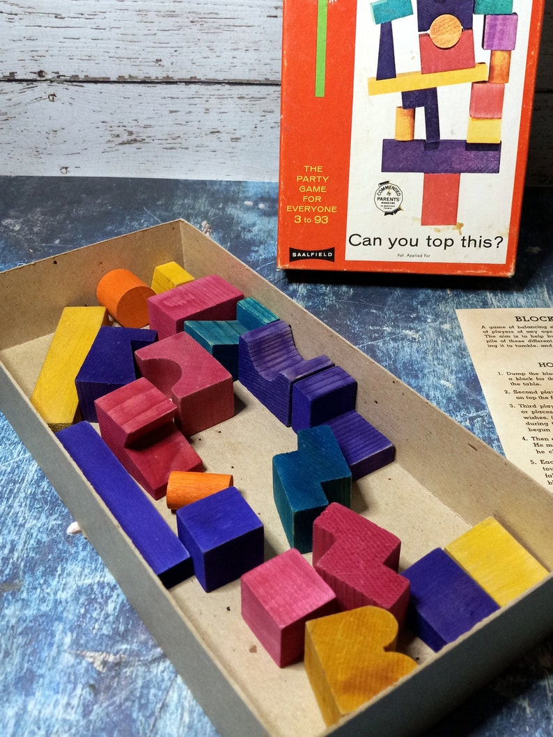 Vintage Saalfield Blockhead Toy-mid Century Play-colored Wood - Etsy