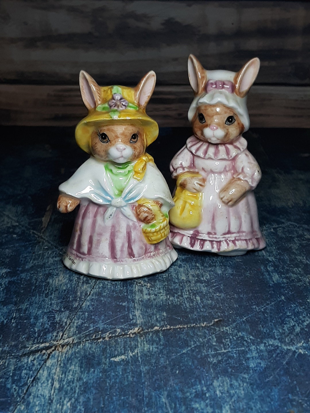 Vintage Lefton Bunny Figurine Pair-2 Sweet Rabbit Ladies in Bonnets-geo ...