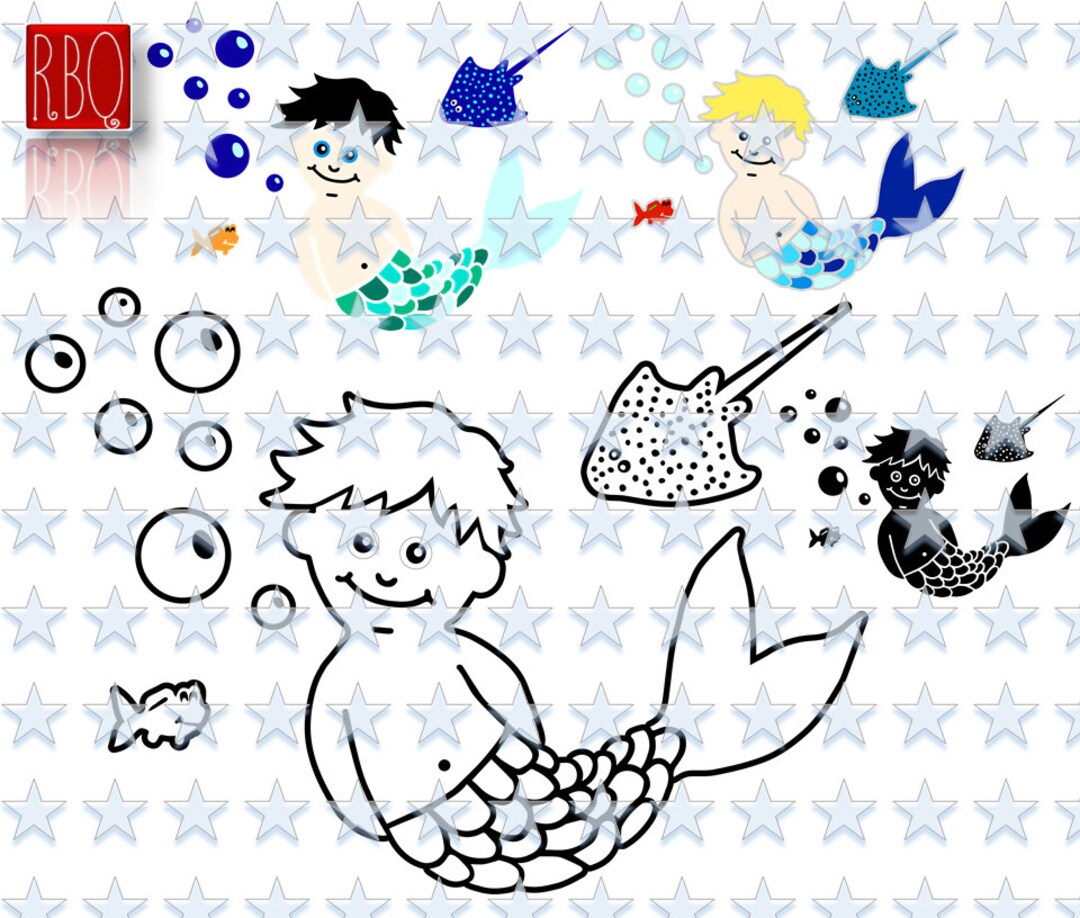 Merman Mermaid, Water Boy, Mermaid With Fish and Stingray, Plus Bubbles ...