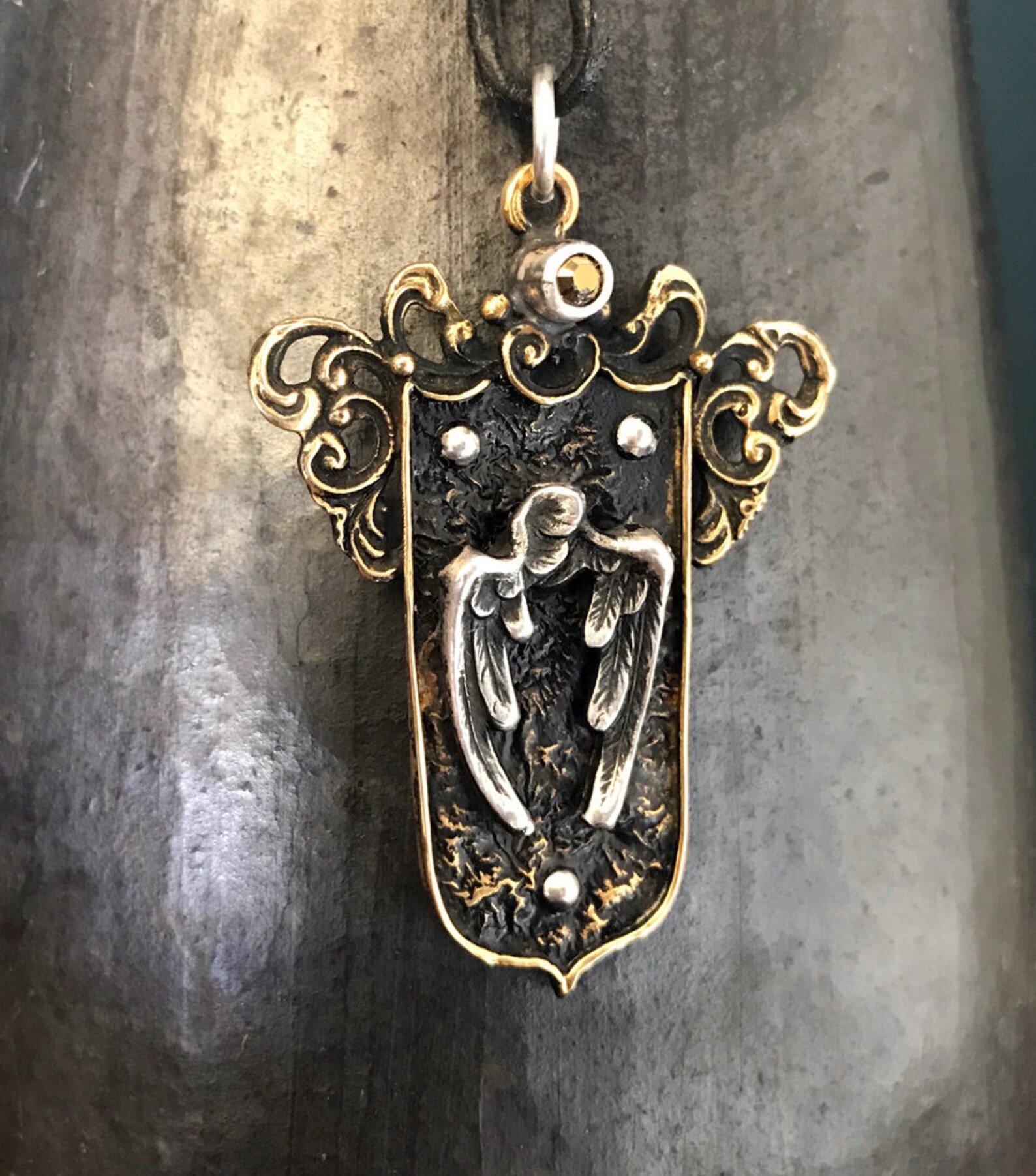 Angel Wings Bronze Shield Pendant - Etsy