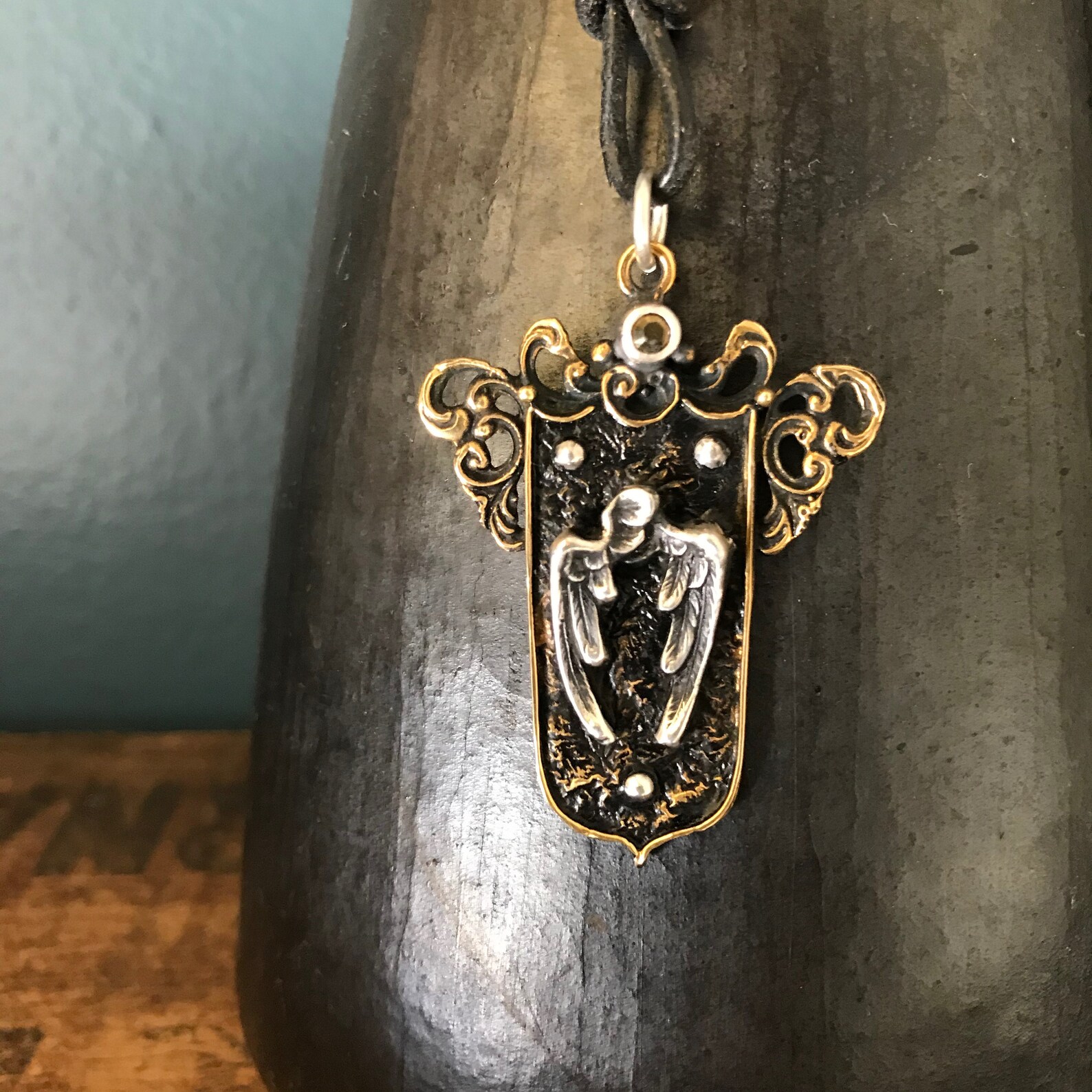 Angel Wings Bronze Shield Pendant - Etsy