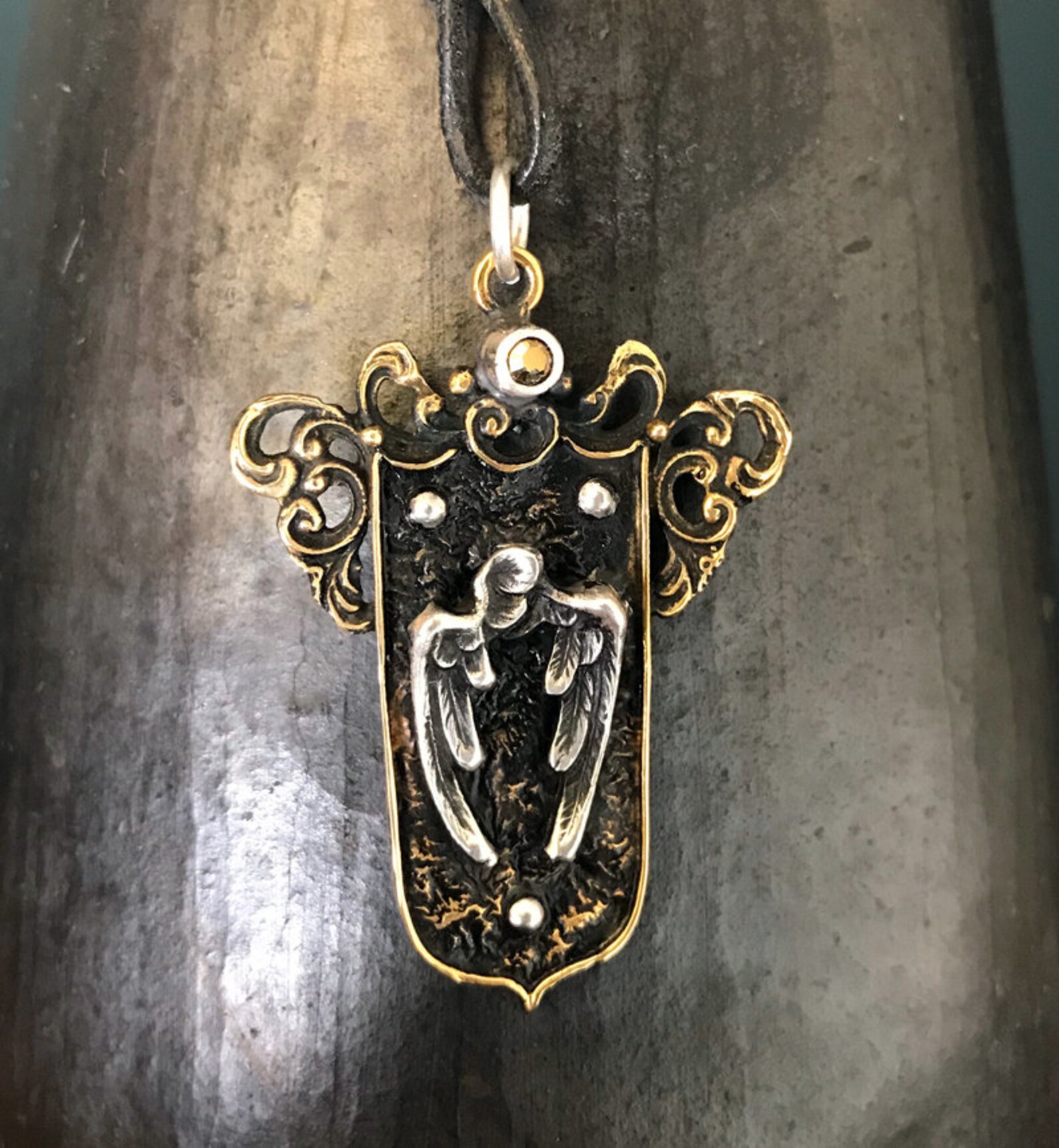 Angel Wings Bronze Shield Pendant - Etsy